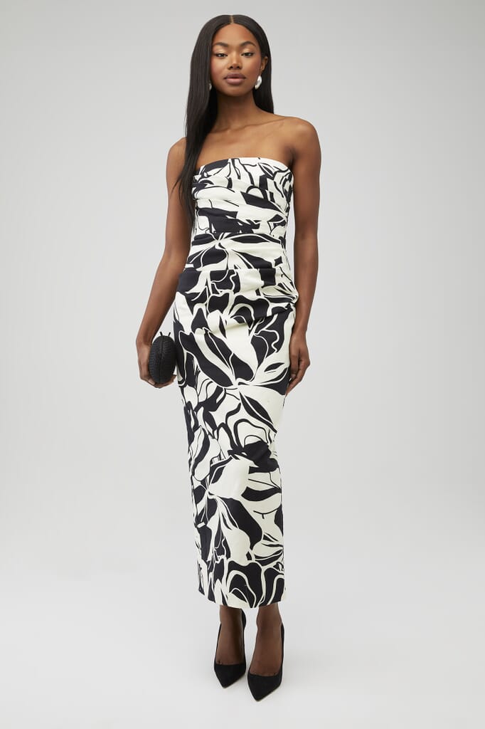 Shona Joy | Azie Strapless Draped Maxi Dress in Cream/Black| FashionPass