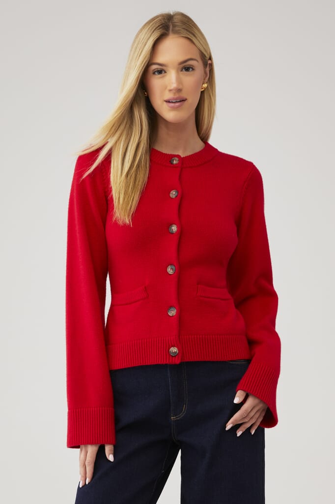 Good American | Button Front Knit Cardigan in Chili| FashionPass