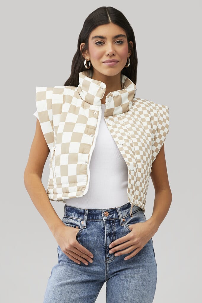 BEACH RIOT | Canyon Puffer Vest in Taupe Check| FashionPass