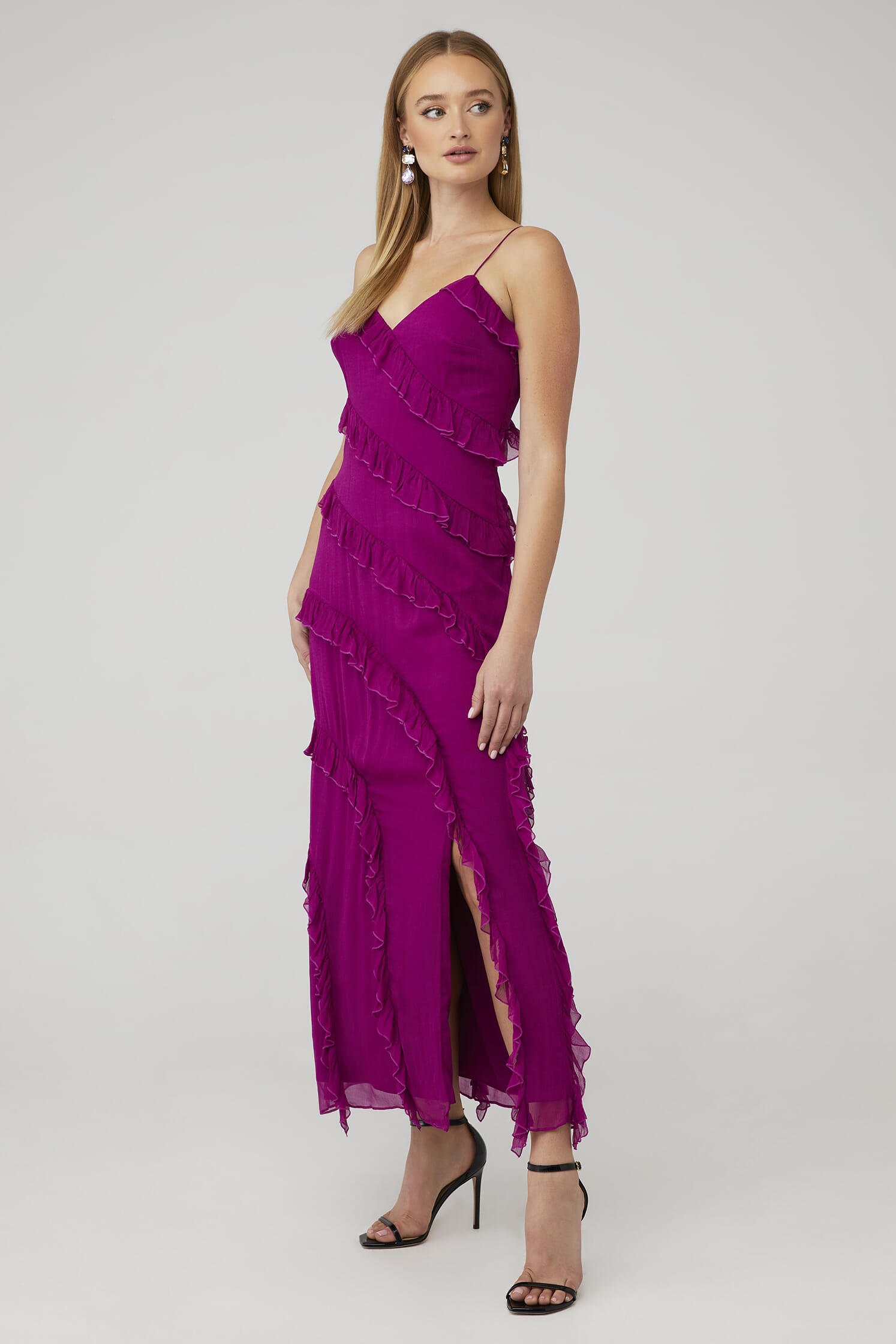 AMUR | Chara Ruffle Evening Gown in Purple Sangria| FashionPass