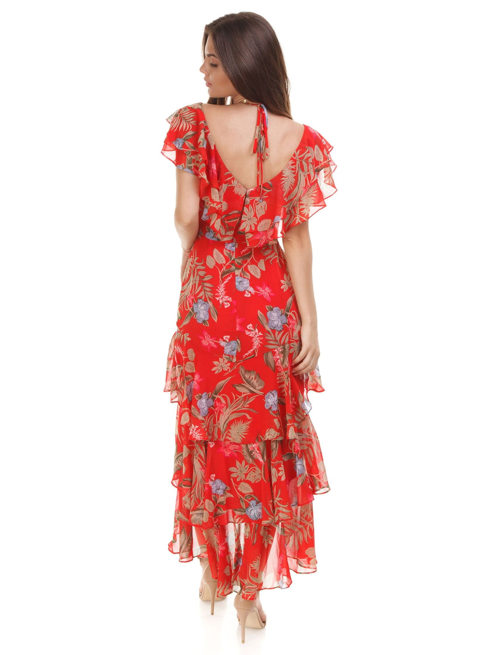 Wayf Chelsea Tiered Ruffle Maxi Dress In Red Tropical Fashionpass