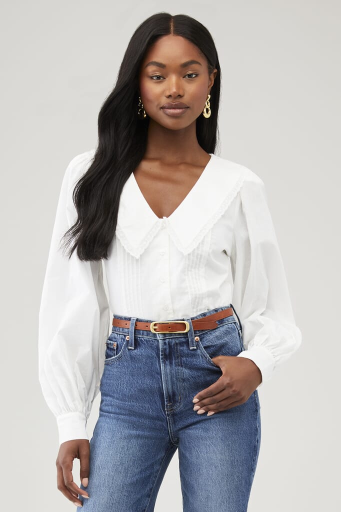 WAYF | Collared Long Sleeve Blouse in Ivory| FashionPass