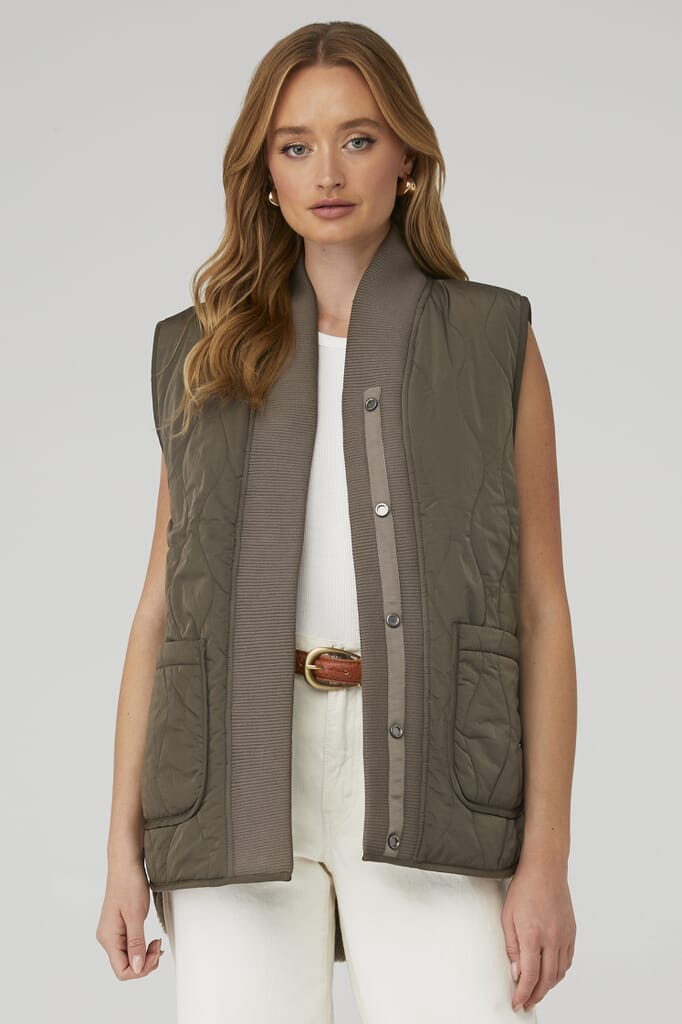 Varley | Covey Reversible Quilt Gilet in Crocodile & Fallen Rock ...