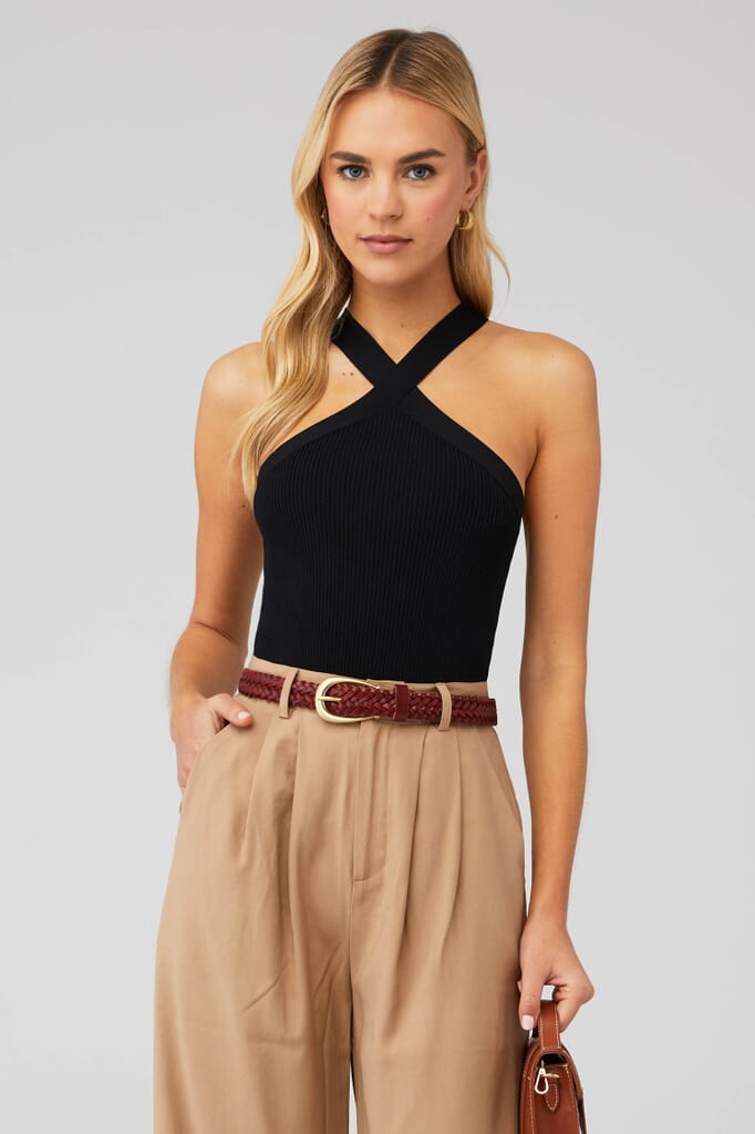 WAYF | Crossed Halter Ribbed Knit Top in Black | FashionPass