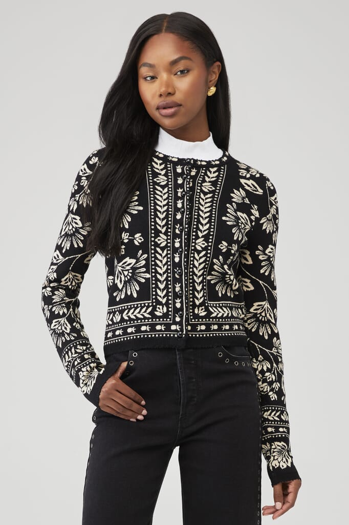 FARM RIO | Flower Bloom Knit Cardigan in Flower Bloom Black| FashionPass