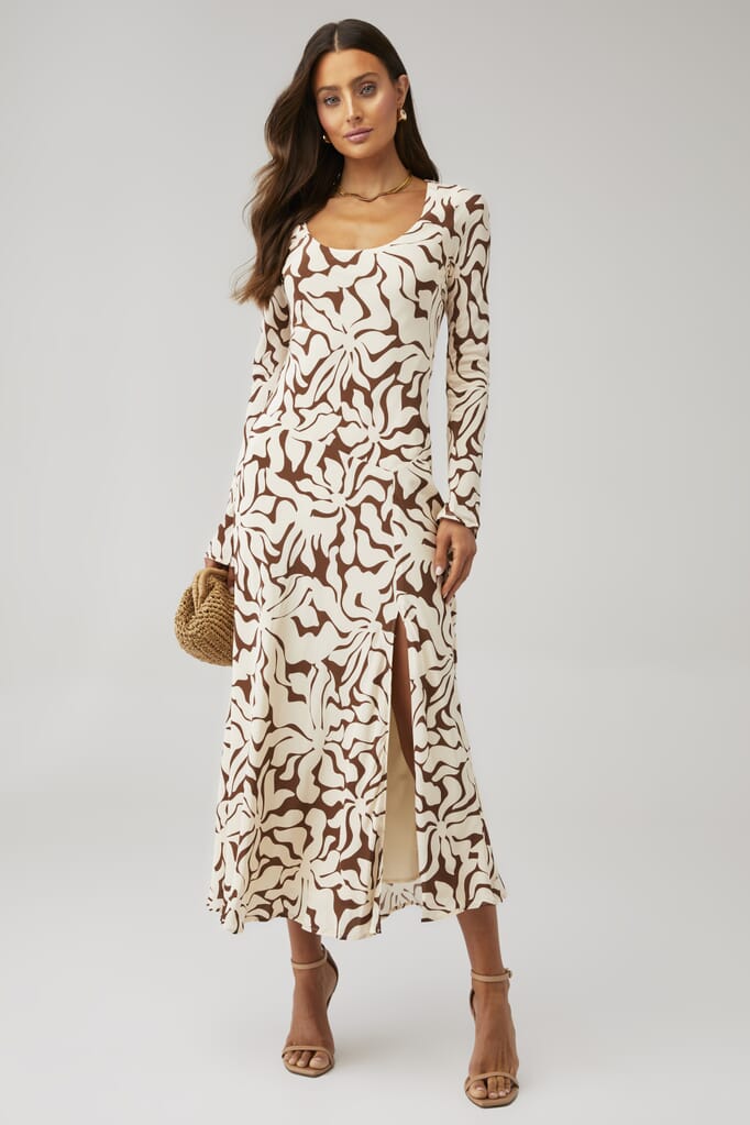 MON RENN | High Tide Long Sleeve Dress in High Tide Print Chocolate ...