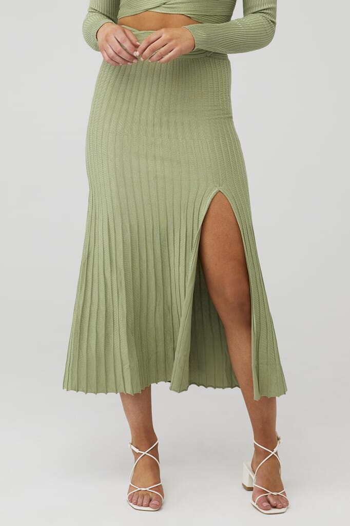 Sovere | Inertia Knit Midi Skirt in Green Tea| FashionPass