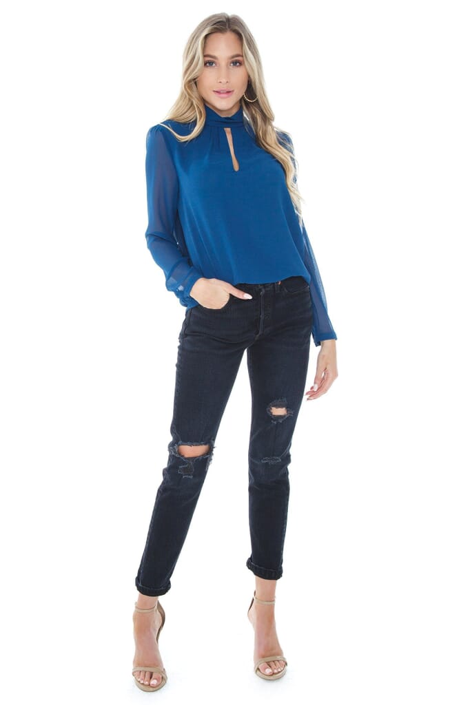 1 State Long Sleeve Sheer Keyhole Blouse In Blue Fashionpass