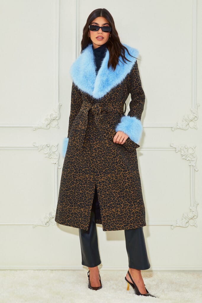 Être Aimé | X Unreal Fur Luxe Leopard Coat in Leopard/Baby Blue ...