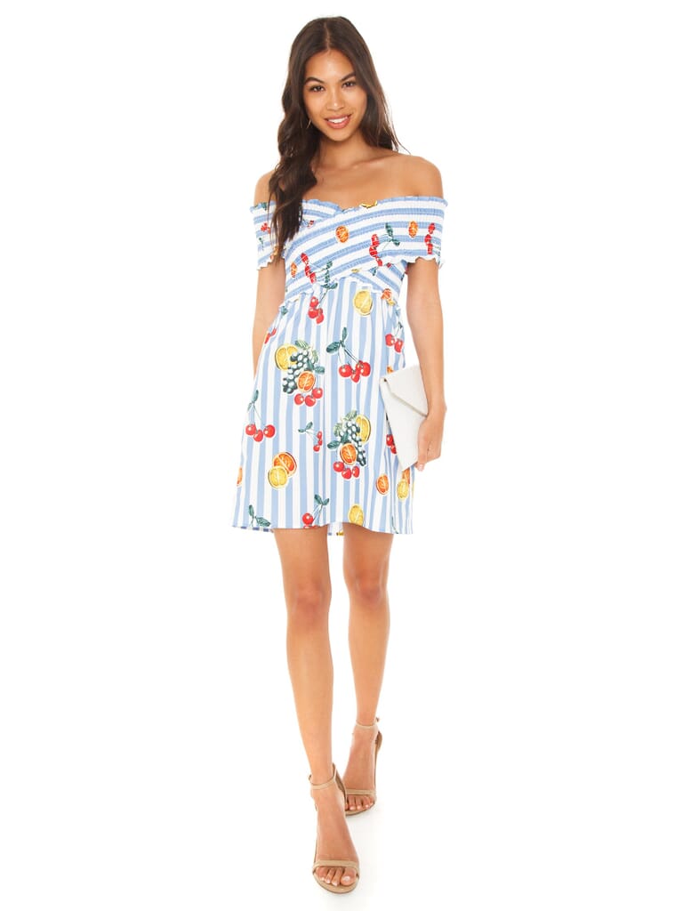 Show Me Your Mumu Mandy Smocked Dress In Fruit Basket Stripe Poplin