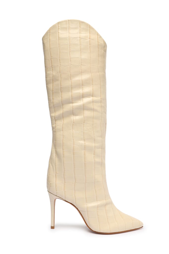 Schutz | Maryana Crocodile-Embossed Lear Boot in Eggshell| FashionPass