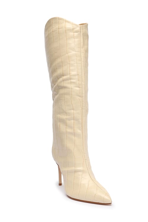 Schutz | Maryana Crocodile-Embossed Lear Boot in Eggshell| FashionPass