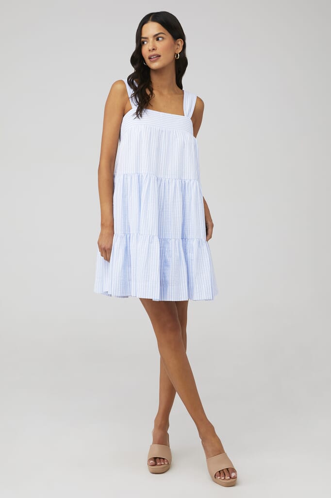 MINKPINK | Milani Tiered Mini Dress in Blue & White| FashionPass