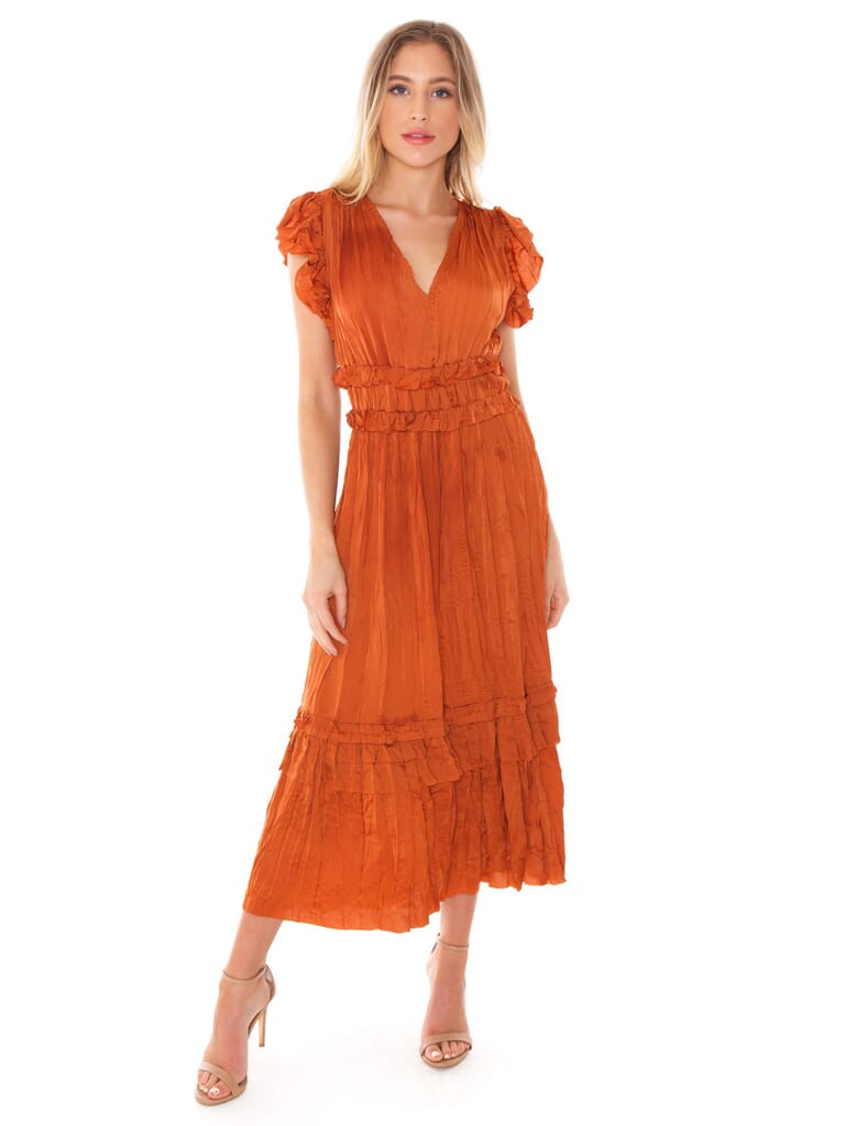 Pleat Ruffle Midi in Rust| FashionPass