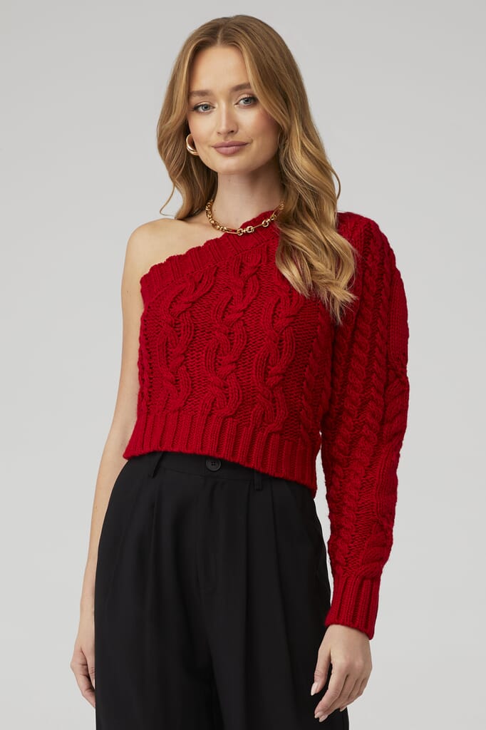 For Love & Lemons | Quinn One Shoulder Sweater in Red| FashionPass