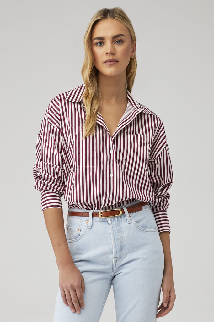 PISTOLA | Rena Button Down in Ivory Bordeaux Stripe| FashionPass