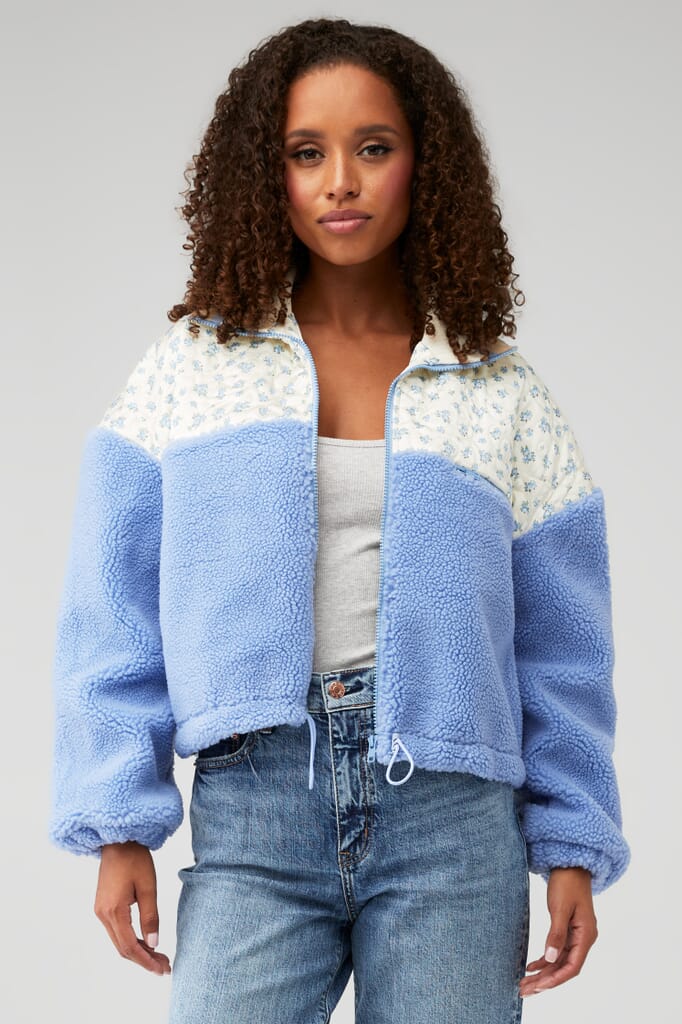 For Love & Lemons | Saide Floral Fleece Jacket in Blue| FashionPass