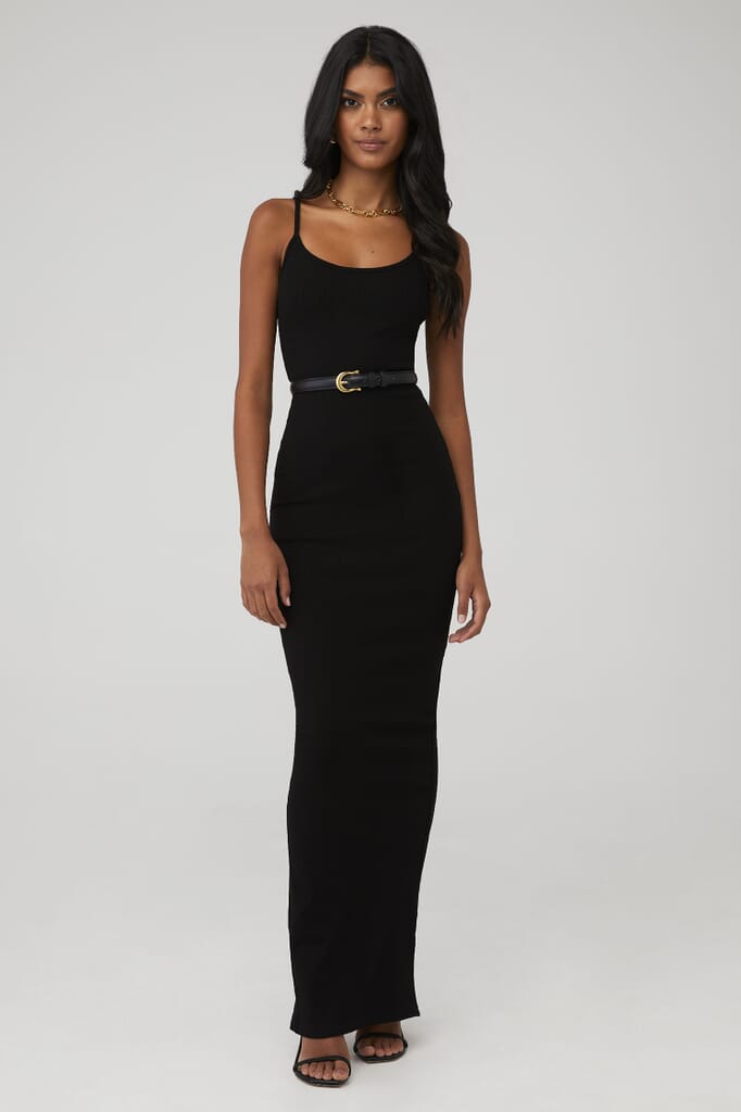 Bumpsuit | Sculpting Rib Maxi Dress in Black| FashionPass
