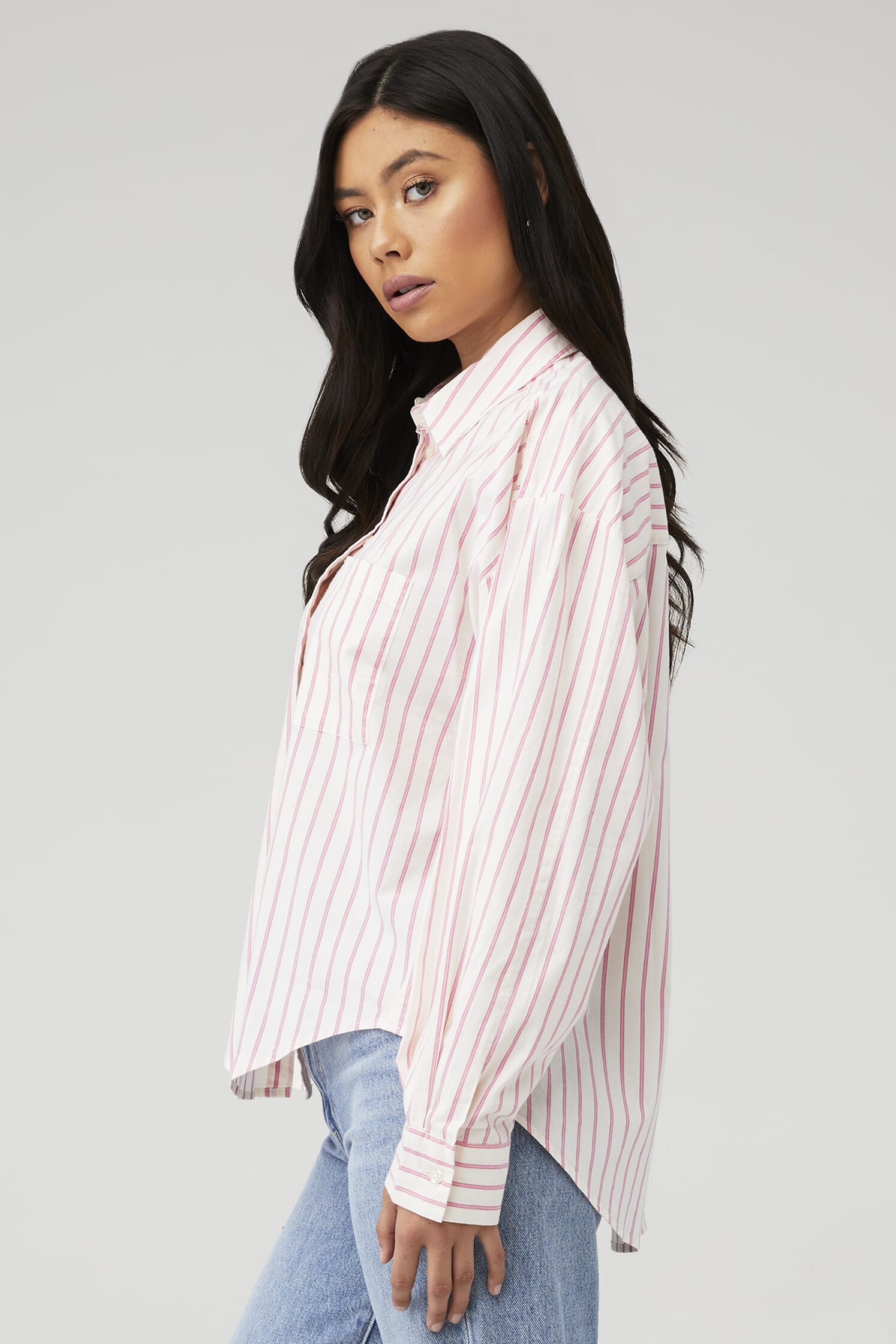 Pistola Sloane Button Down Shirt In Rose Multi Stripe Fashionpass