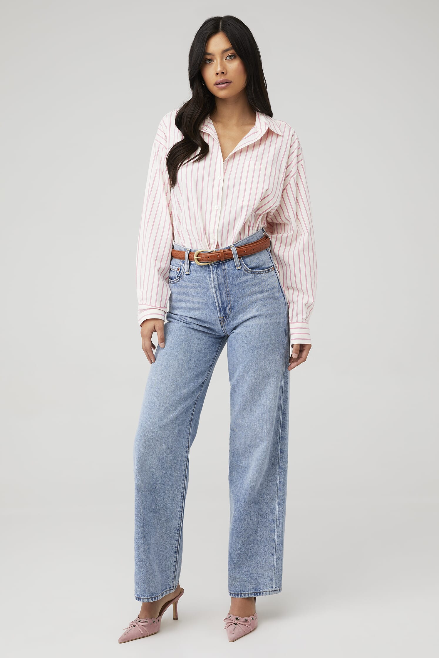 Pistola Sloane Button Down Shirt In Rose Multi Stripe Fashionpass