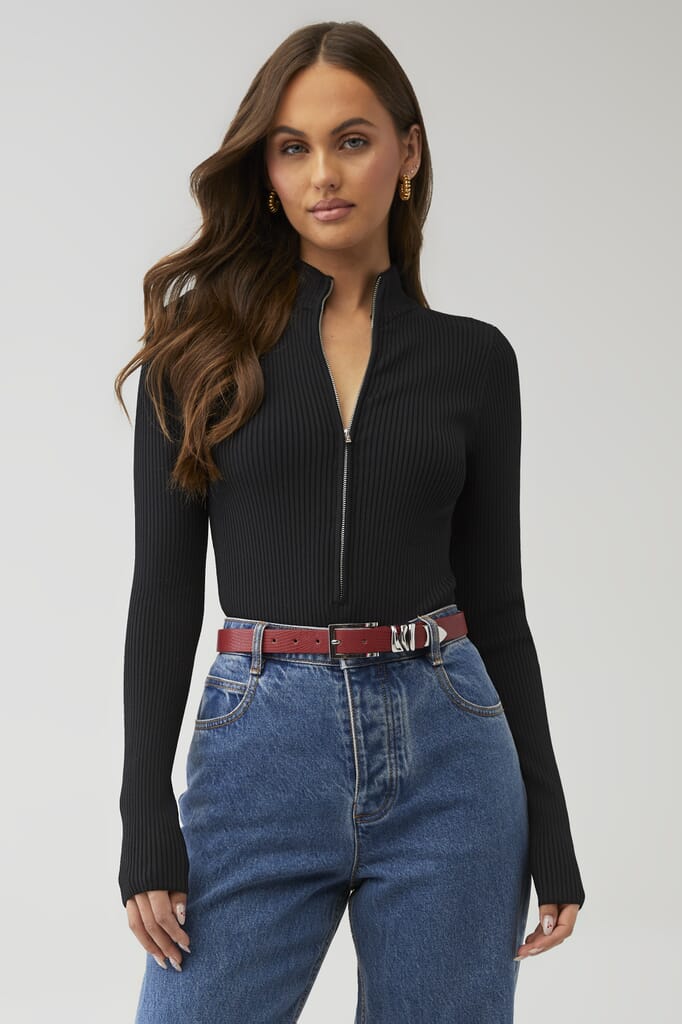 Good American | Virgo Rib Half Zip Ls Bodysuit in Black001| FashionPass