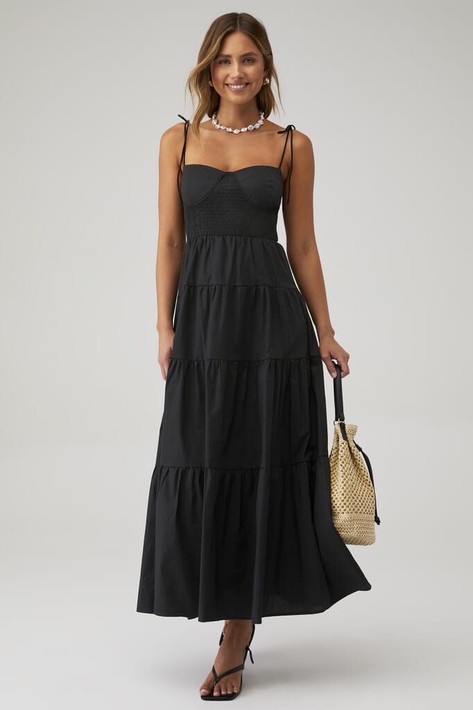 WAYF | X Fashionpass Smocked Cupped Tiered Maxi Dress in Black| FashionPass